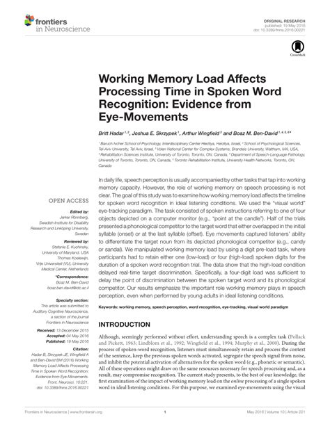 Pdf Working Memory Load Affects Processing Time In Spoken Word Recognition Evidence From Eye