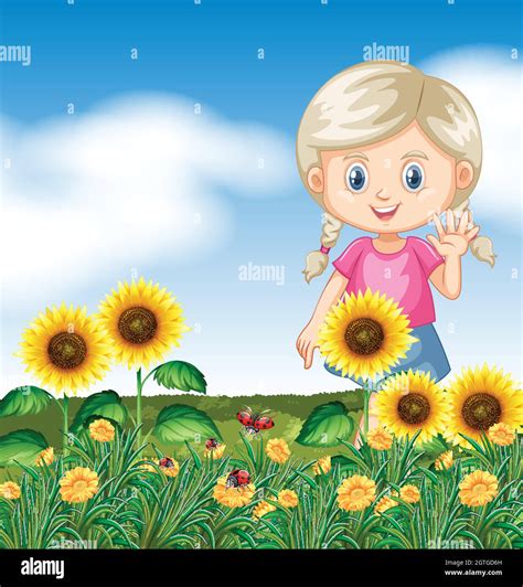 Cute Girl In Sunflower Garden Stock Vector Image And Art Alamy