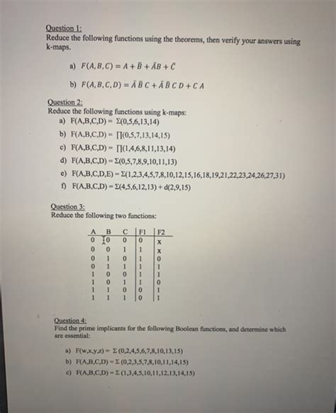 Solved Question 1 Reduce The Following Functions Using The