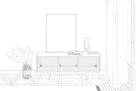 빈 수직 포스터가있는 방의 스케치 등나무 문이있는 받침대에 램프와 책 발코니 문 근처에 커튼이있는 투각 꽃병에 장식용 작은 이삭 정면도 0명에 대한 스톡 벡터 아트 및 기타