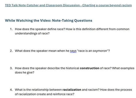 Ted Talk Note Catcherand Classroom Discussion Charting A Course Beyond Racism