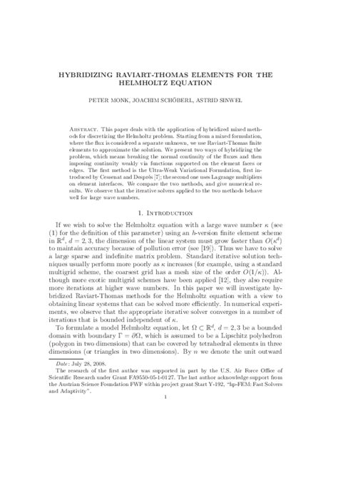 Pdf Hybridizing Raviart Thomas Elements For The Helmholtz Equation