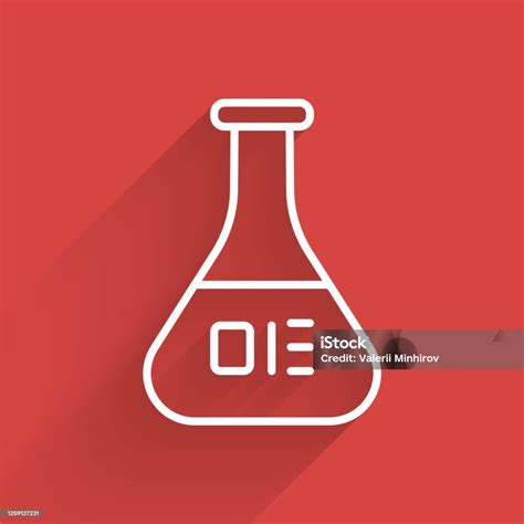 긴 그림자로 격리 된 화이트 라인 테스트 튜브 및 플라스크 화학 실험실 테스트 아이콘 실험실 유리 제품 기호 벡터 일러스트레이션