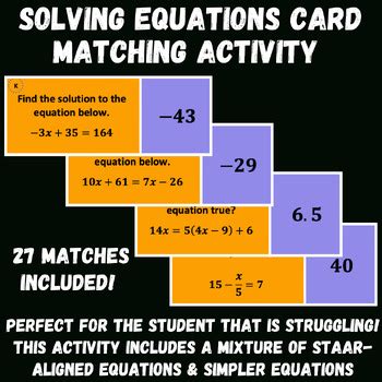 Solving Equations Card Matching Activity STAAR Aligned Simpler Equations