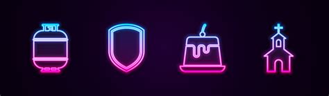세트 라인 프로판 가스 탱크 방패 푸딩 커스터드와 교회 건물 빛나는 네온 아이콘 벡터 가연성에 대한 스톡 벡터 아트 및 기타