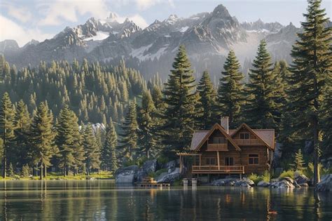 Premium Photo A Serene Lakeside Cabin Surrounded By Towering Pin