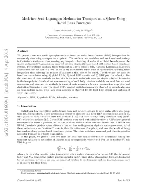 Pdf Mesh Free Semi Lagrangian Methods For Transport On A Sphere Using Radial Basis Functions