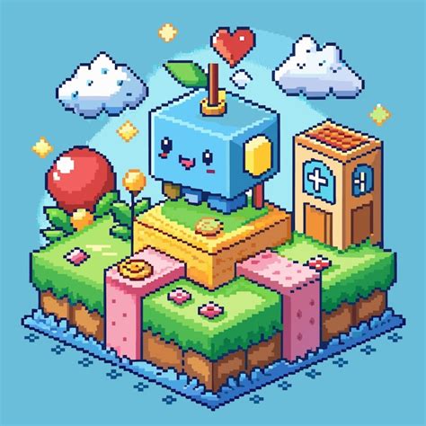 Pixelated Landscape With A Cute Blue Character Clouds A Red Heart And A House With A Cross