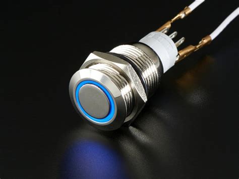 Rugged Metal Pushbutton With Blue Led Ring 16mm Blue Momentary The