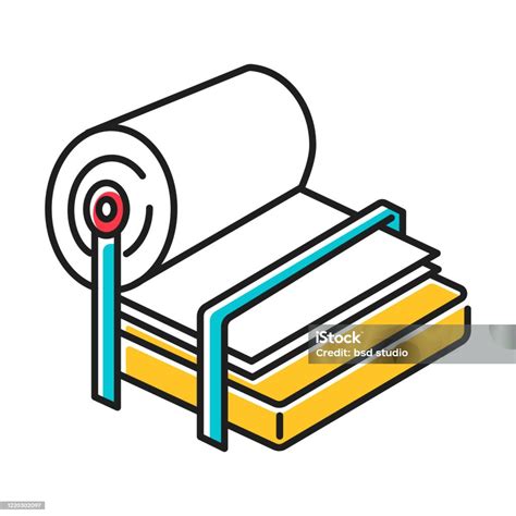 펄프 및 제지 산업 색상 아이콘입니다 캔버스 제작 프레스에 빈 시트 전문 컨베이어 시설 기계 페이지 섬유 제지 기술 유지 보수 격리 벡터 일러스트레이션 개념에 대한 스톡