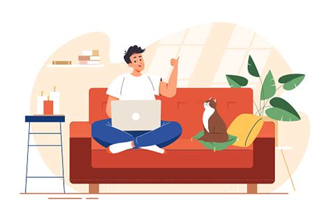 노트북을 든 남자가 소파에 앉아 있다 프리랜서 또는 연구 개념 남성 프리랜서 온라인 재택 근무 또는 공부 자영업자들은 쾌적한 환경에서 일합니다 평면 스타일의 벡터 그림입니다