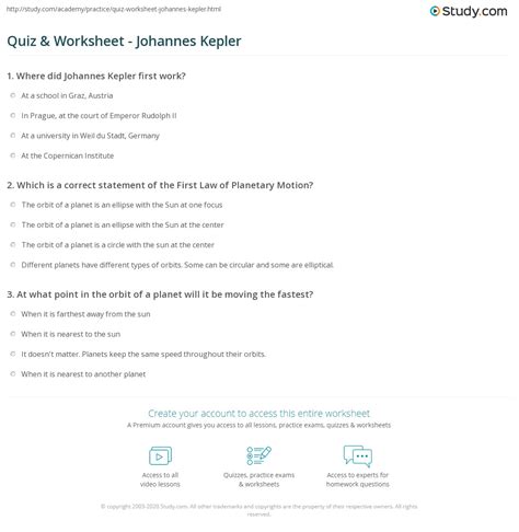Quiz Worksheet Johannes Kepler Study