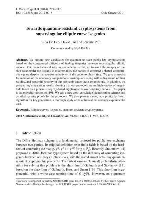 Pdf Towards Quantum Resistant Cryptosystems From Supersingular Elliptic Curve Isogenies