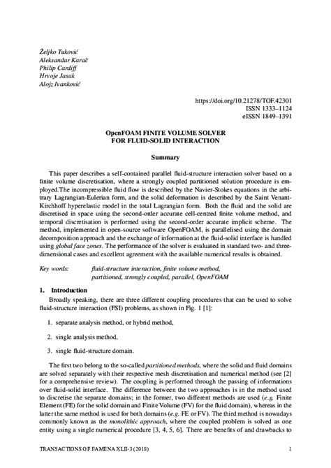 Pdf Openfoam Finite Volume Solver For Fluid Solid Interaction