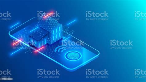 파란색 배경에 화면 스마트 폰에 스마트 홈 기술 사물의 인터넷 개념 아이소메트릭 그림 디지털 하우스 휴대 전화의 지문을 사용하여
