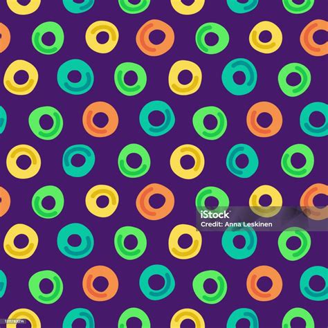 원 도넛과 추상 밝은 매끄러운 패턴 직물 직물 페이지 채우기 벽지 포장 디자인을위한 아름다운 현대적인 인쇄 화려한 반지와 손으로 그린 벡터 그림 0명에 대한 스톡 벡터 아트
