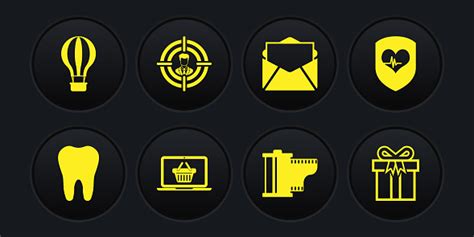 치아 방패 및 심박수 노트북의 장바구니 카메라 필름 롤 카트리지 메일 이메일 및 헤드 헌팅 아이콘을 설정합니다 벡터 개념에 대한 스톡 벡터 아트 및 기타 이미지 Istock