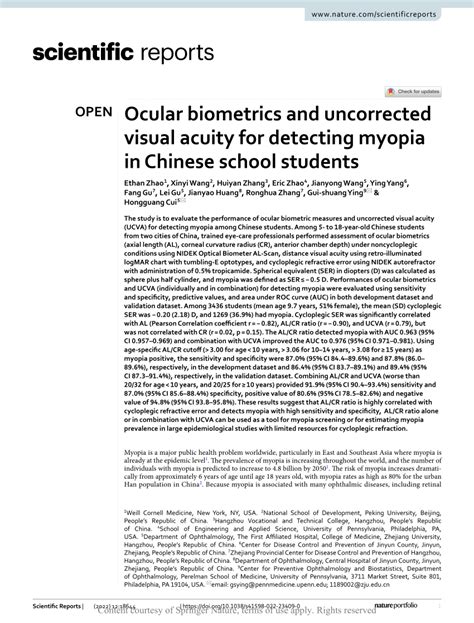 Pdf Ocular Biometrics And Uncorrected Visual Acuity For Detecting Myopia In Chinese School