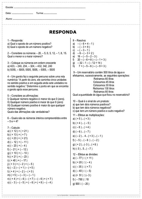 Atividade De Matemática 7°ano Para Responder Ler E Aprender