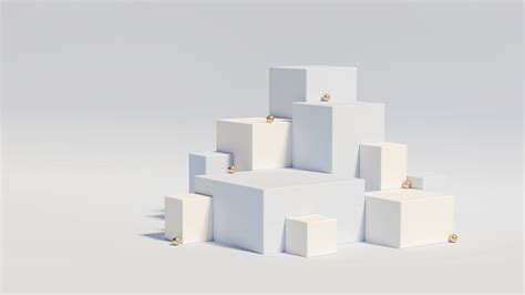 브랜딩 및 포장 프리젠 테이션을위한 최소한의 크리스마스 모형 연단 기하학적 모양은 가벼운 파스텔 색상과 골드 볼 겨울 연단