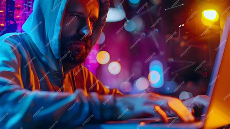 Premium Photo Hooded Hacker Typing On Laptop Engaging In Cyber Security Hacking Concept