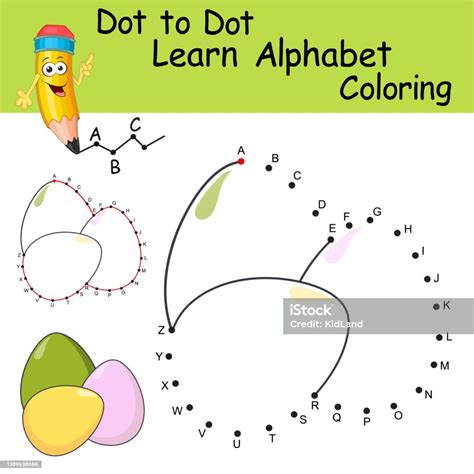 아이들을위한 편지와 함께 게임을 점에 점 귀여운 만화 부활절 달걀과 영어 알파벳의 대문자를 학습 유치원에 대한 논리 게임 및 색칠 페이지 알파벳 연습을 위한 워크시트입니다