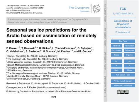 Pdf Seasonal Sea Ice Predictions For The Arctic Based On Assimilation Of Remotely Sensed