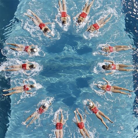 Synchronized Swimming Team Performing In A Pool Premium Ai Generated