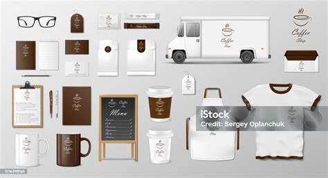 이랑 커피숍 카페 또는 레스토랑에 대 한 설정 기업 이미지 광고 디자인을 위한 커피 식품 패키지입니다 골 판지 봉투 컵 팩 셔츠 메뉴와 반 사실적인 세트 커피 마실 것에