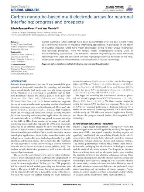 Carbonnanotube Based Multielectrode Arrays For Neuronal Interfacing Progress And Prospects Pdf
