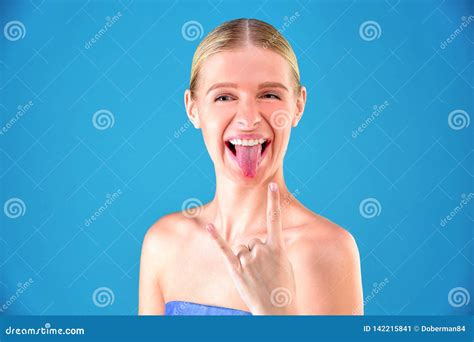 Perfect Blonde Girl Young Blonde Girl At Blue Background Close Up