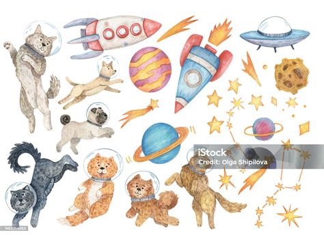 손으로 그린 수채화 클립 아트 별 행성 우주선 및 우주 비행사 개가 있는 우주 삽화 세트 디자인 스티커 인쇄를위한 다양한 품종의 개가있는 예술 수채화에 대한 스톡 벡터 아트