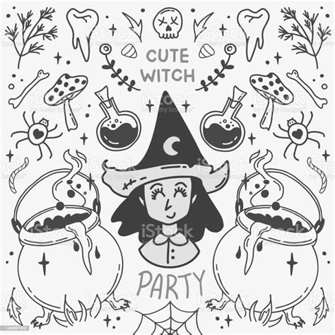 할로윈 벡터 일러스트레이션 개념에는 귀여운 마녀 가마솥 물약 병이 있다 대칭 스타일 그래픽입니다 소셜 미디어 게시물 인쇄물 포스터 표지 또는 엽서에 적합합니다 가마솥에 대한