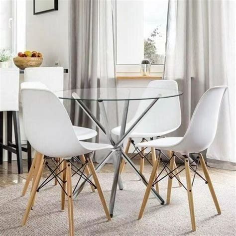 Round Table Four Chairs Glass Dining Set 5 Pieces Assembled