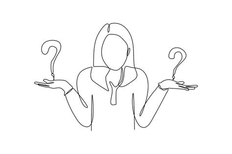 연속 한 줄 그리기 여자와 물음표 자주 묻는 질문 개념 한 줄 그리기 디자인 벡터 그래픽 그림 프리미엄 벡터