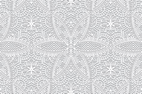 엠보싱 된 흰색 배경 민족 커버 디자인 기하학적 인 꽃 3d 패턴 손으로 그린 것 부족 낙서 질감 동양 아시아 인도 멕시코의