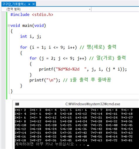 구구단 출력 프로그램 가로로 출력