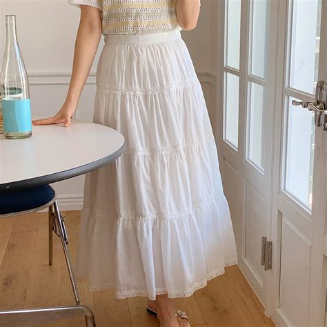 모더라블 고무줄 플레어 캉캉 롱스커트 맥시롱 맥시 레이스 밴딩 스커트 치마