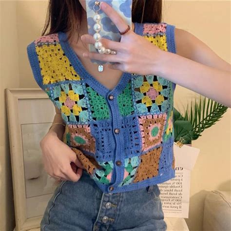 Badu Bg Бохемска жилетка с плетена на една кука флорална бродерия Дамска жилетка без ръкави