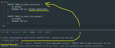 hive dialect found unparsable section when create statement contains primary key column