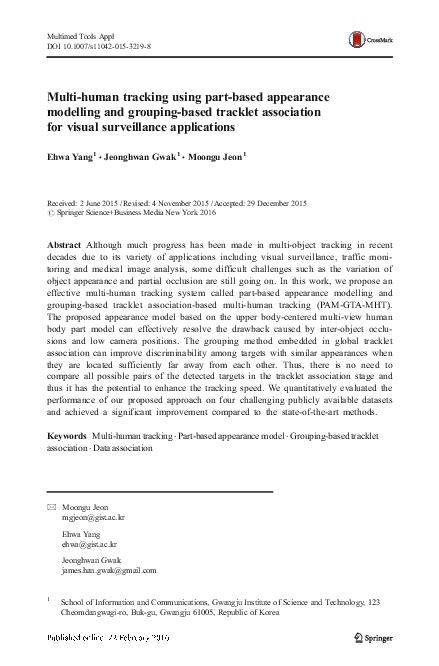 Pdf Multi Human Tracking Using Part Based Appearance Modelling And