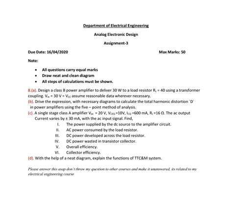 Solved Department Of Electrical Engineering Analog Chegg Com