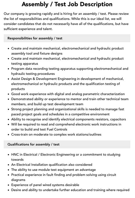 Assembly Test Job Description Velvet Jobs