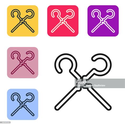 검은 선 바베큐 꼬치 아이콘은 흰색 배경에 분리되어 있습니다 꼬치 막대기에 고기 케밥 구운 고기와 함께 피크닉 색상 사각형 버튼으로 아이콘을 설정합니다 벡터 양고기에 대한