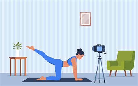 Hembra Personaje Haciendo Yoga Ejercicios A Hogar Grabaci N V Deo Con C Mara En Tr Pode Social