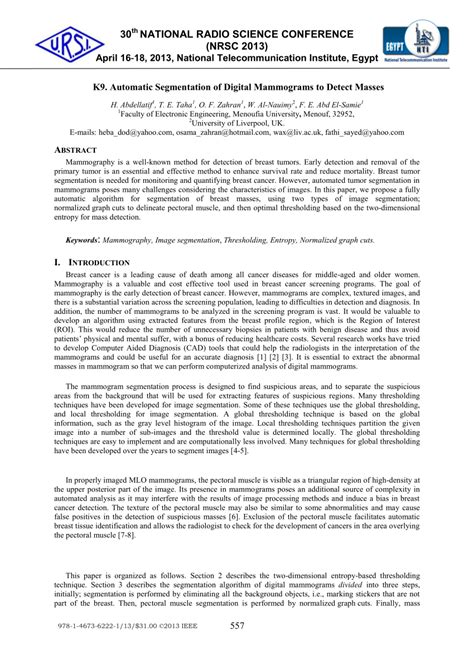 Pdf K9 Automatic Segmentation Of Digital Mammograms To Detect Masses