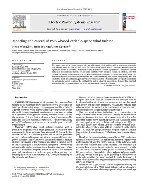 Modeling And Control Of Pmsg Based Variable Speed Wind Turbine 2010 Electric Power Systems