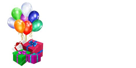 흰색 배경에 리본과 활 여러 가지 빛깔의 풍선이 있는 색색의 선물 상자가 있는 벡터 그림 프리미엄 벡터