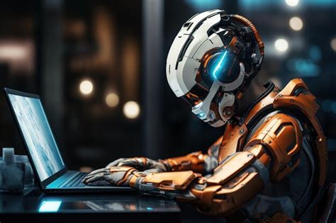 Premium Ai Image Humanoid Android Robot Working On Laptop In Office
