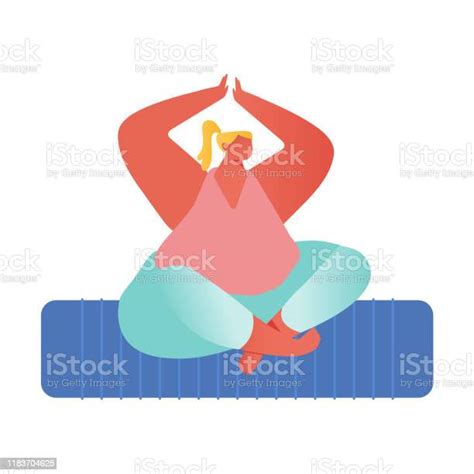 머리 위에 손으로 연꽃 자세에 앉아 명상 하는 여자 요가 클래스 연습 건강한 라이프 스타일 휴식 정서적 균형 자연과 마음과의 조화 만화 플랫 벡터 일러스트 감정에 대한 스톡